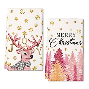 ARKENY Christmas Kitchen Towels Set of 2,Pink Xmas Tree Merry Christmas Dish Towels 18x26 Inch,Hoilday Farmhouse Home Decoration AD105