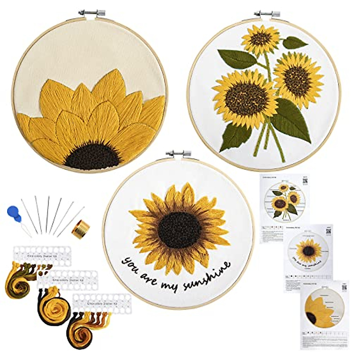 Armindou 3 Sets Embroidery Starter Kits with Sunflower Pattern for Adults Beginners, Floral Stamped Cross Stitch Kit Hand DIY Needlepoint Kit, 3 Embroidery Hoops, 3 Embroidery Fabric, Needles, Threads