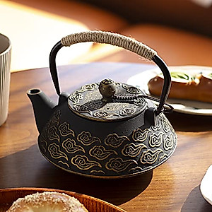 MILVBUSISS Cast Iron Teapot, Japanese Tea Pot with Infuser for Loose Leaf, Tea Kettle Stovetop Safe Coated with Enameled Interior, Clouds Pattern 27oz, 800ml Black