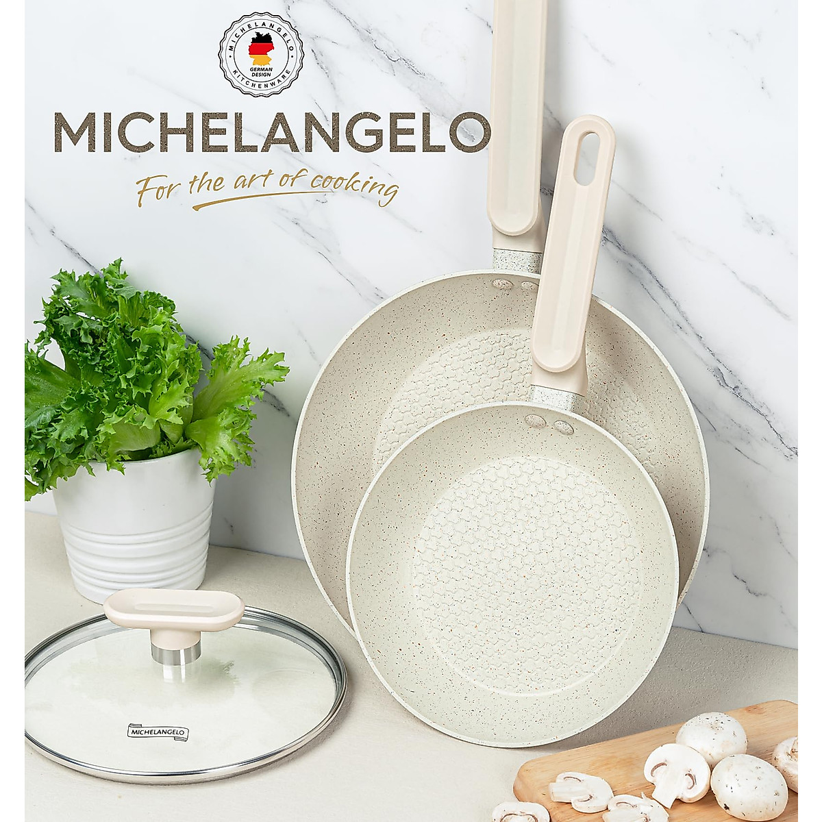 MICHELANGELO Frying Pan with Lid, Nonstick Frying Pan 10 Inch with Non-Toxic Granite Coatings, Nonstick Frying Pan with Lid, Stone Skillet, Nonstick Pan 10 Inch, Induction Compatible