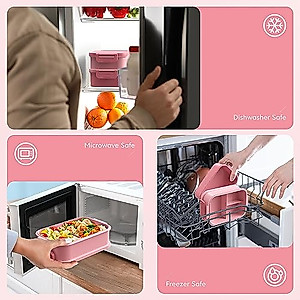 Jelife Bento Lunch Box for Adults - 3 Layers Leak-Proof Stackable Bento Box for Adults, 72oz Large-Style All-in-One Adult Lunchbox Bento Box with Utensil Accessories for Dining Out,Work, Pink
