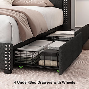 Feonase Upholstered Storage Bed Frame Queen Size with 4 Drawers, Platform Bed with Charging Station & Wingback Headboard, Solid Wood Slats Support, Dark Gray