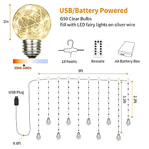 YOLIGHT Wishing Ball Curtain Lights 200 LED Window Curtain String Lights with Remote, USB Battery Powered Twinkle Globe Fairy Lights for Wedding Party Bedroom Christmas Decoration (Warm White)