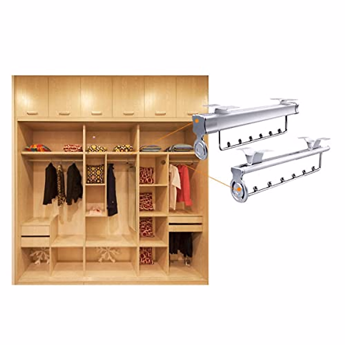 Heavy duty Pull-Out Retractable Wardrobe valet Rod Storage Rack Hanger Extender,Top Mount Hanging Telescopic Rail Wardrobe Clothes Clothes Rail (Size:14" Monorail silver 6 Beads) 2 Pieces