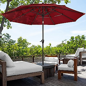 Pure Garden 10 ft Patio Umbrella - 3-Tiered Sunshade with Push Button Tilt and Easy-Open Crank - Outdoor Umbrella for Deck, Yard, or Pool (Red)