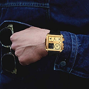 SKMEI Men's Digital Sports Watch, LED Square Large Face Analog Quartz Wrist Watch with Multi-Time Zone Waterproof Stopwatch