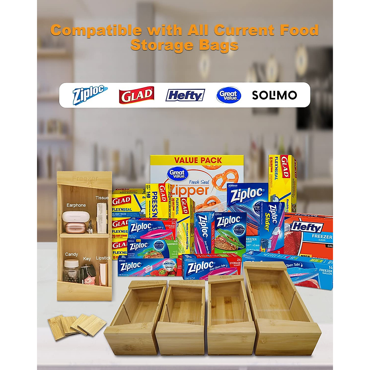 Ziplock Bag Storage Organizer, Kitchen Bag Organizer Container, Desk organizer and storage, Jewelry Drawer Organizer for Bedroom Bathroom