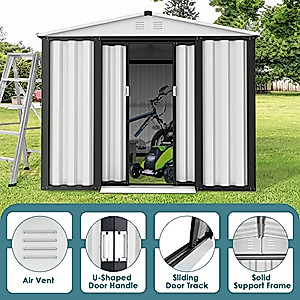 Incbruce 6x4 Ft Outdoor Storage Shed Double Sloping Roof Garden Shed, Galvanized Metal Storage Shed with Sliding Door, Metal Shed Kit with Double Doorknobs and Air Vents (White)