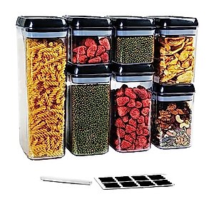 OMNISAFE Airtight Food Storage Container Set, 7Pcs Kitchen & Pantry Organization Containers, BPA Free Clear Plastic Canisters for Cereal, Sugar & Dry Food with Easy Lock Lid, Include 9 Labels,