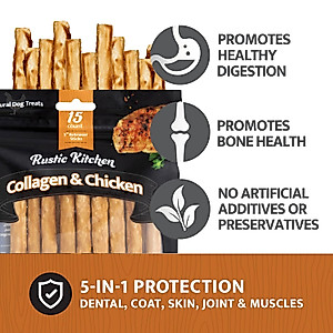 Wild Eats Collagen Chews for Dogs, Real Chicken, Dog Chews Long Lasting, Rawhide Free -15 Pack Collagen Sticks for Large, Medium, and Small Dogs