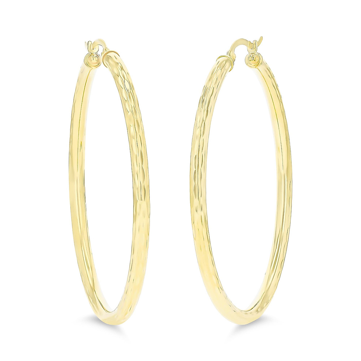 Solid 14K Yellow Gold Polished Diamond Cut Hoop Earrings for Women | 3mm Thick Classic Diamond Cut Hoops Style, 3x50mm