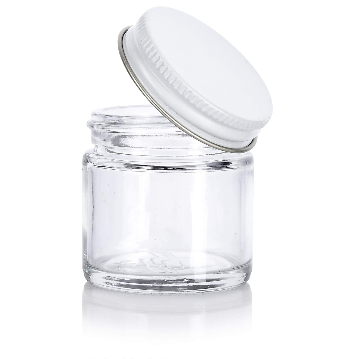 1 oz / 30 ml Clear Thick Glass Straight Sided Jar with White Metal Airtight Lid (4 pack)