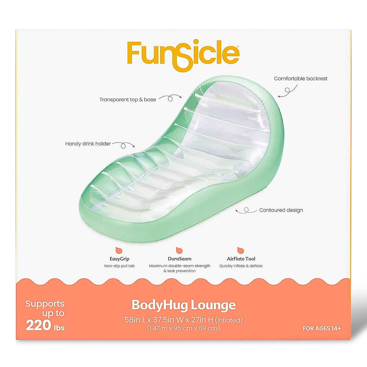 Funsicle 4.8 ft BodyHug Inflatable Lounge Chair with Cup Holder