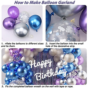 RUBFAC 136Pcs Blue and Purple Balloons Arch Garland Kit, 18/12/5 Inch Metallic Blue Party Balloons Set Silver Confetti Latex Balloons for Birthday Wedding Baby Shower Gender Reveal Deorations