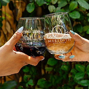 The Wedding Party Store, Personalized 15oz Stemless Wine Glass - Custom Engraved with Any Name and Initial