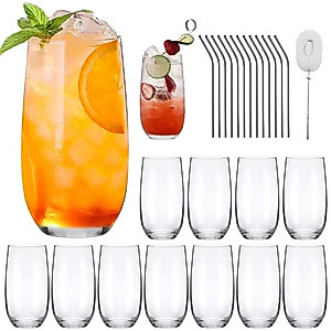 QAPPDA Drinking Glasses Set of 12,16 OZ Highball Glasses with Straws,Clear Tall Water Glasses Premium Cocktail Glasses Beverage Cups Mojito Glassware for Juice,Mixed Drinks