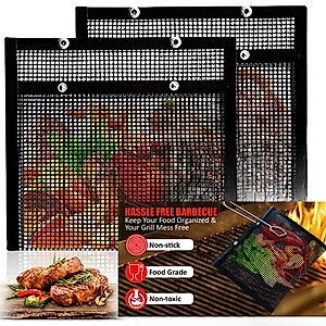 Grill Mesh BBQ Bags LARGE and MEDUIM - Reusable, Non-Stick Barbecue Grilling Pouches - Heat-Resistant, Easy to Clean Accessories - Ideal for Outdoor Electric, Gas, Charcoal Grills | Set of 2