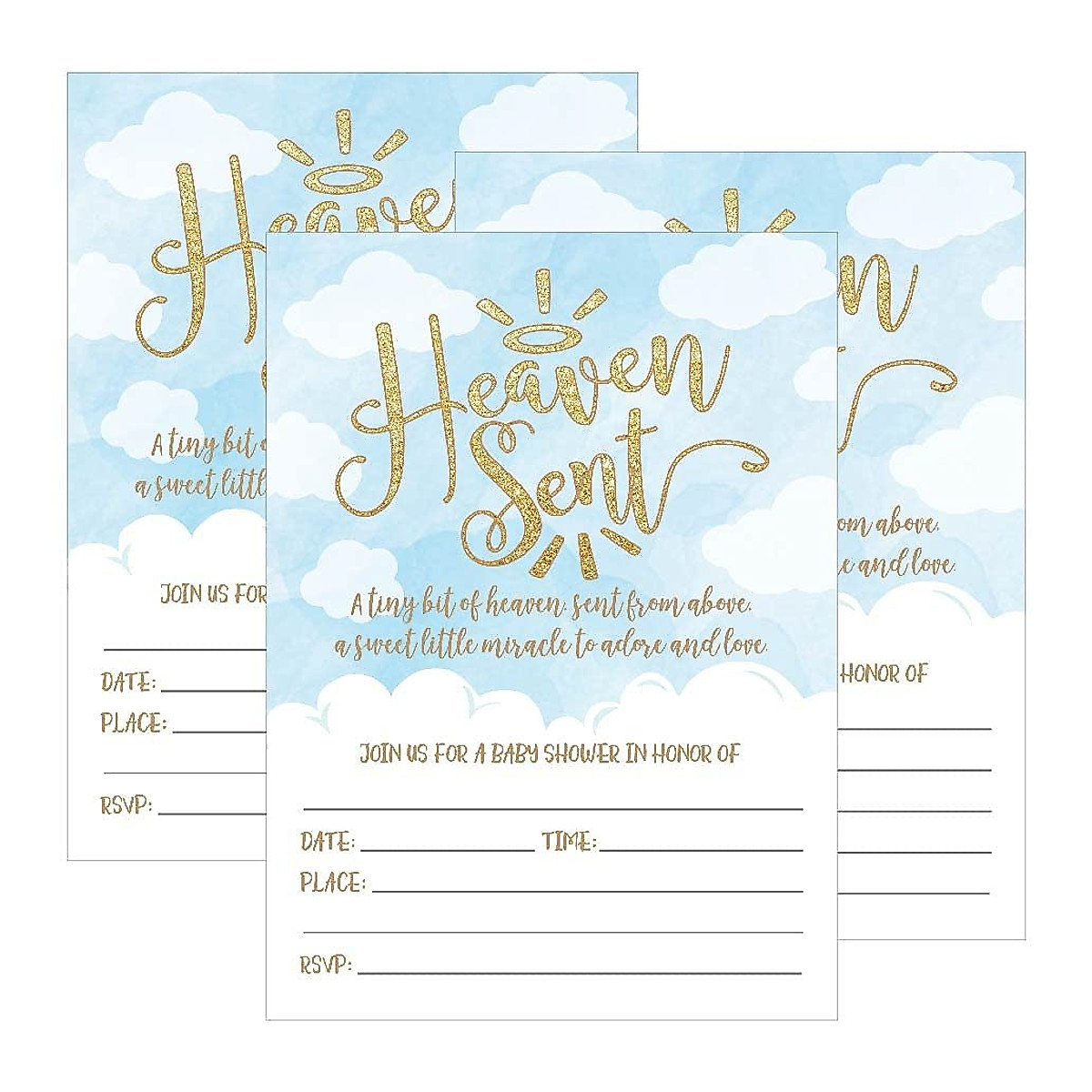 Hadley Designs 25 Blue Boy Heaven Sent Clouds Baby Shower Invitations, 25 Baby Shower Diaper Raffle Tickets For Baby Shower, Celestial Angel Fill or Write in Card, Diaper Raffle Cards, Baby Shower