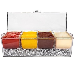 Ice Chilled 4 Compartment Condiment Server Caddy - Serving Tray Container with 4 Removable Dishes and Hinged Lid | 3 Serving Spoons + 3 Tongs Included