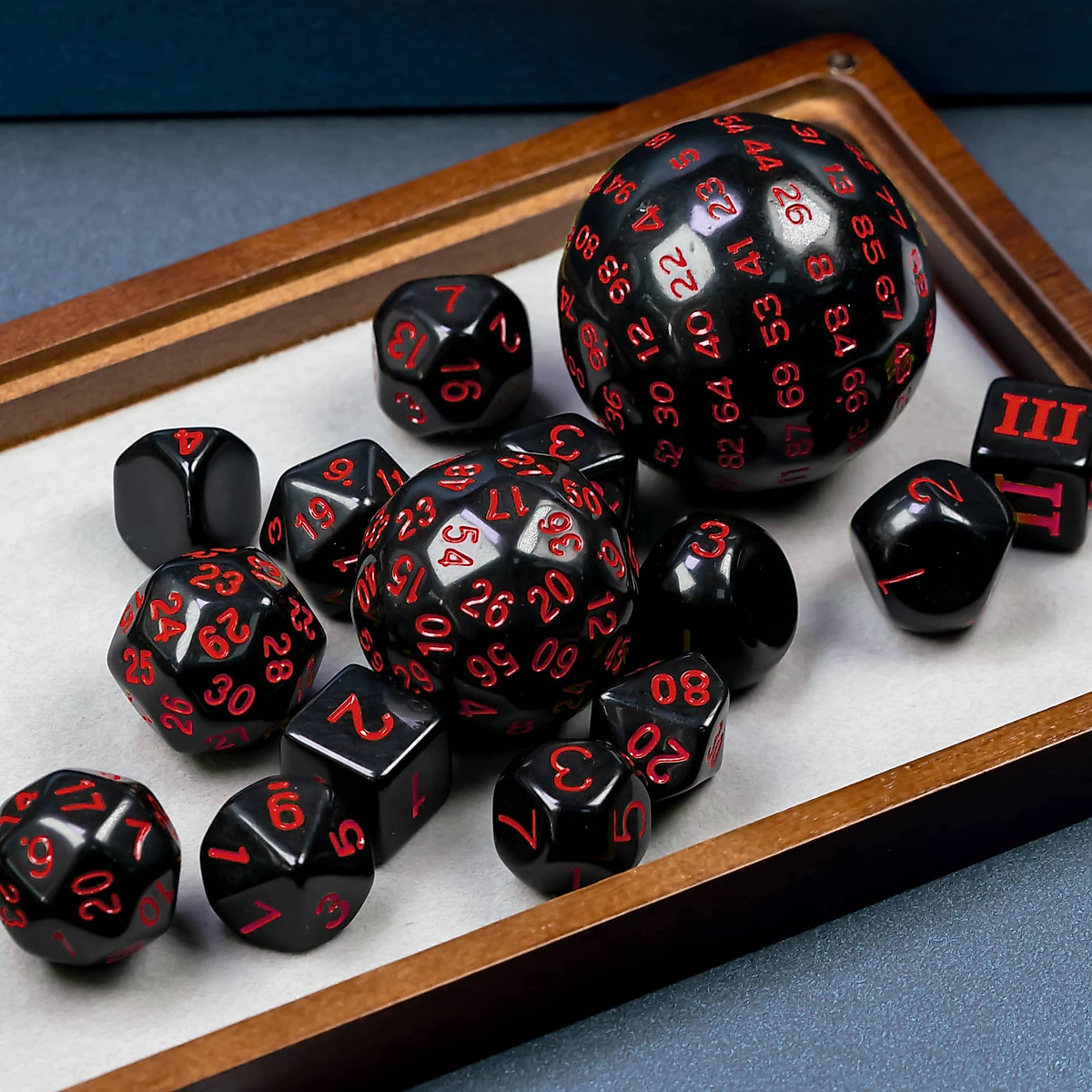 Poludie 15 Pieces Complete Polyhedral DND Dice Set D3-D100 Spherical D&D Dice Set with Dragon Eye Dice Bag, D100 Dice for Dungeons and Dragons, RPG, MTG Table Games(Black w/Red Numbers)