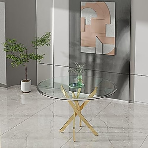 39" Round Dining Table, Glass Kitchen Dining Room Table for 4-6, Modern Circle Small Kitchen Table with 0.39" Tempered Glass Tabletop and Golden Stainless Steel Legs for Dinner Small Spaces
