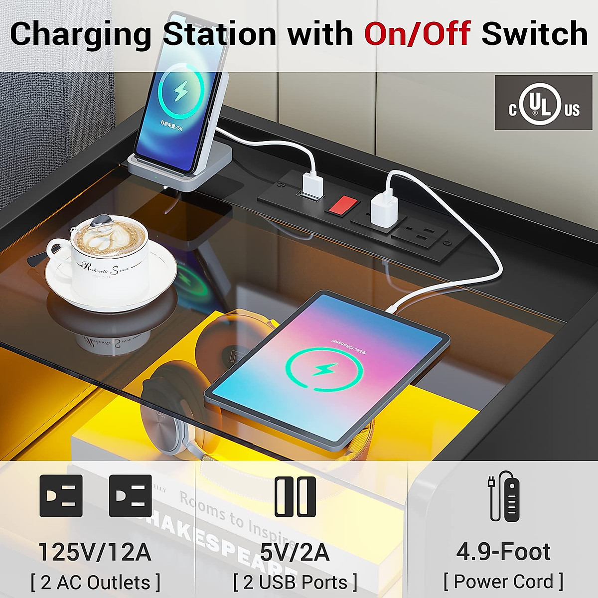 AOGLLATI LED Nightstand with Charging Station, Night Stand with Pull-Out Tray, 2 Drawers, Bedside Table with LED Lights, Modern End Table with USB Ports Outlets, Black