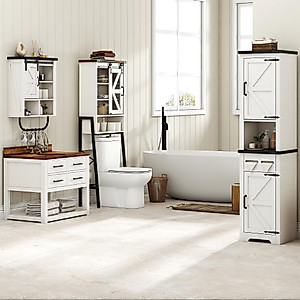 kepptory Medicine Cabinet with Adjustable Shelf and Sliding Door, Farmhouse Bathroom Cabinet Wall Mount with Towel Bar and 6pcs Hooks, Floating Storage Cabinet for Bathroom, Kitchen, Hallway