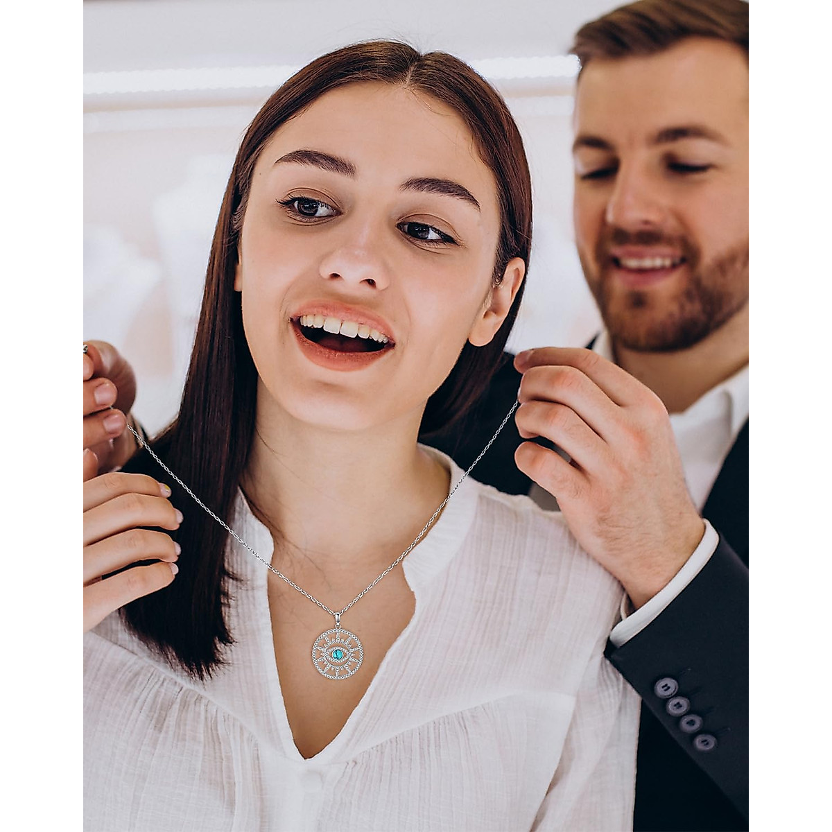 BDL Evil Eye Necklace - Sterling Silver Natural Turquoise Genuine With 5A Cubic Zirconia, Third Eye Necklace Ojo Turco Pendant, Christmas Gifts for Women Girls