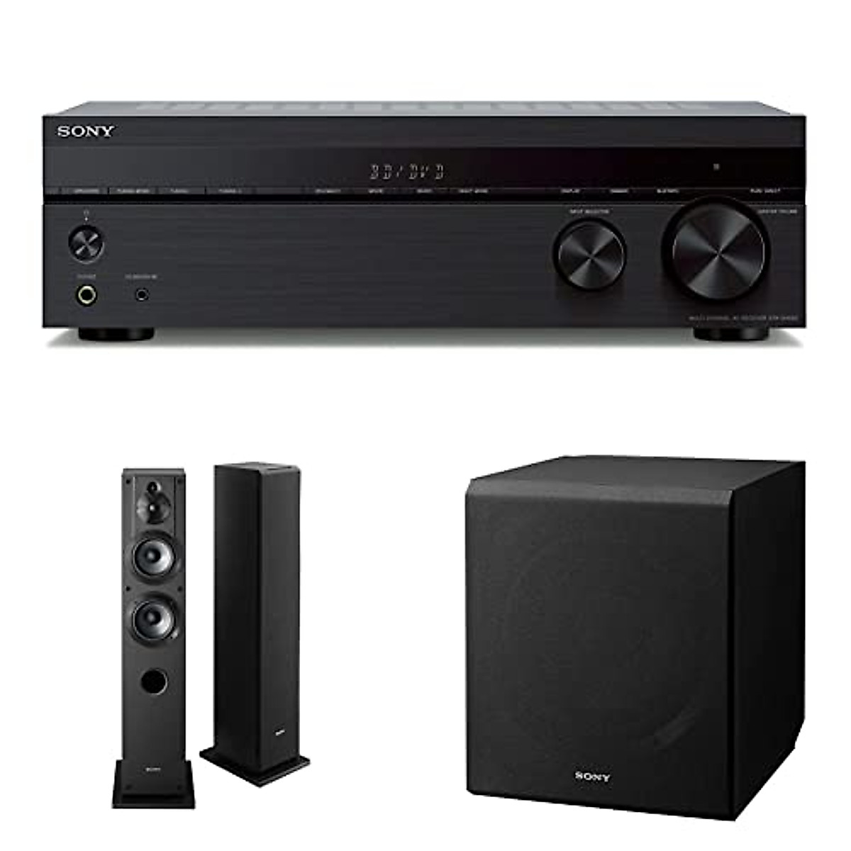 Sony STRDH590 5.2 Channel Surround Sound Home Theater Receiver: 4K HDR AV Receiver with Bluetooth,Black & SSCS3 3-Way Floor-Standing Speaker (Single) - Black & SACS9 10-Inch Active Subwoofer,Black