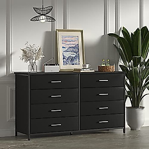 IKENO 8 Drawer Dresser for Bedroom, Industrial Wood Dresser Wide 8 Chest of Drawers, Wooden Storage Organizer Dresser with Sturdy Steel Frame (Black)