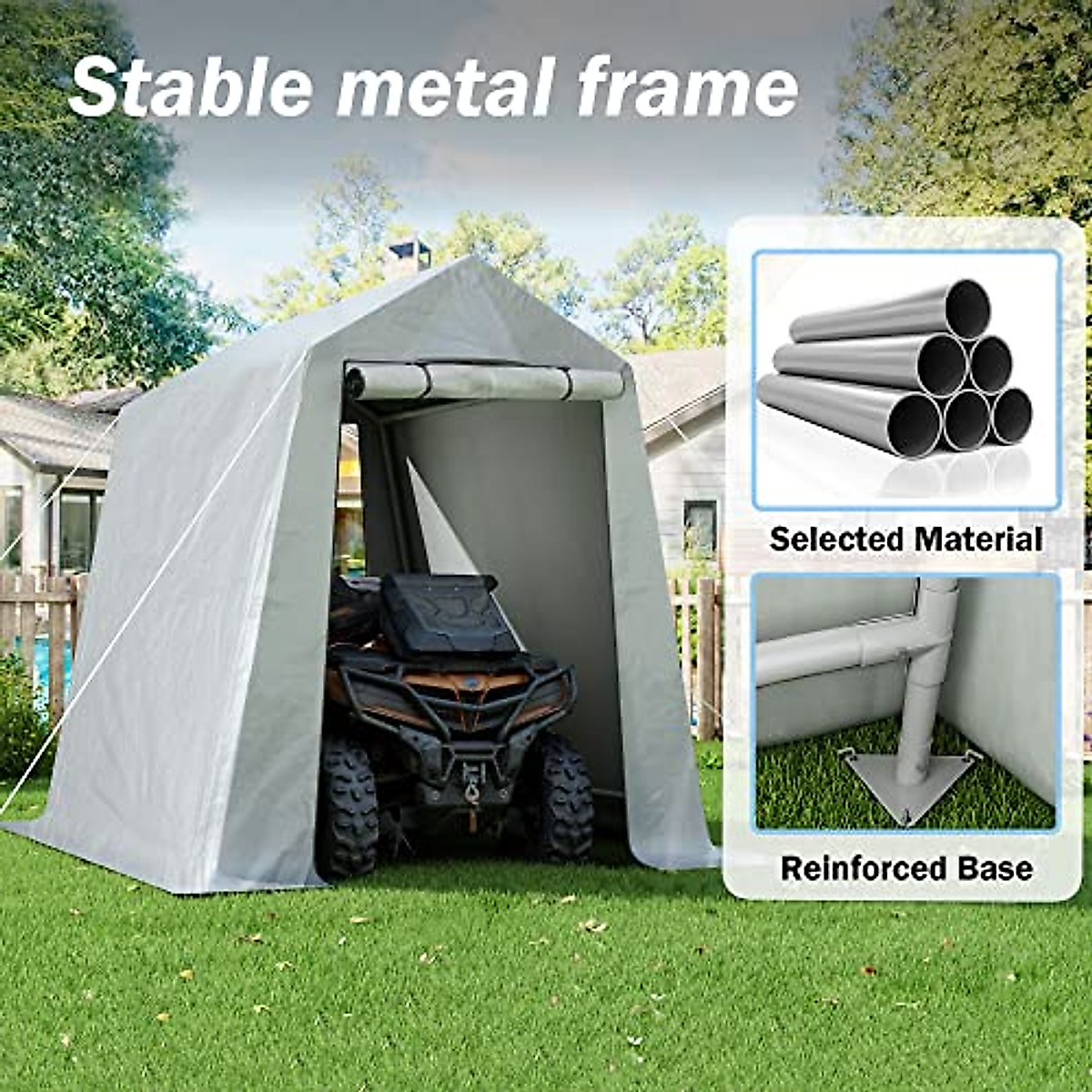 HOGYME 6x7 ft Storage Shelter Protable Garage Waterproof Carport Tent with 2 Roll-up Zipper Doors & Vents Outdoor Storage Shed for Bike, ATV, Motorcycle Shelter, Silver