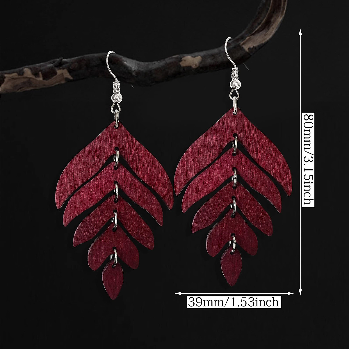Handmade Lightweight Elegant Wooden Earring for Women - Statement Leaf Drop Dangle Earrings Bohemian Fashion Nature Wood Chain Leaf Earrings for Women Mom Sister Daughter Statement Jewelry Gifts (Wine Red)