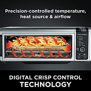 Ninja SP101 Digital Air Fry Countertop Oven with 8-in-1 Functionality, Flip Up & Away Capability for Storage Space, with Air Fry Basket, Wire Rack & Crumb Tray, Silver