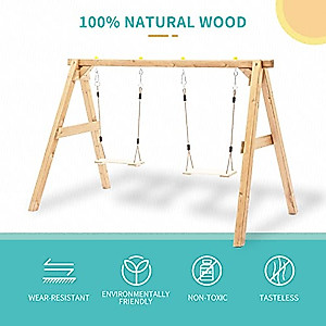 Heavy Duty Wooden Swing Frame for Kids, Upgraded A-Frame Porch Swing Bench Stand for Indoor Outdoor with 2 Pinch Free Belt Swings