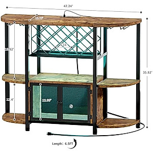 Hyomdeck Wine Bar Cabinet with LED Lights and Power Outlets, Industrial Coffee Bar Cabinet for Liquor and Glasses, Farmhouse Bar Cabinet with Freestanding Wine Racks for Kitchen/Dining, Rustic Brown