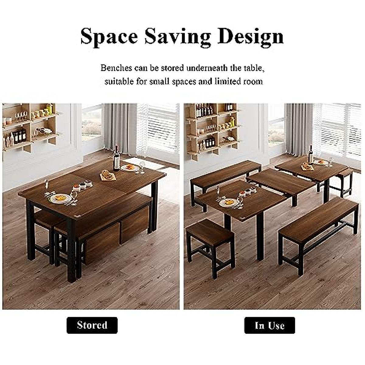 Feonase 5-Piece Dining Table Set for 6-10 People, 63" Large Extendable Kitchen Table Set with 2 Benches and 2 Square Stools, Dining Room Table with MDF Wood Board, Easy Assembly, Walnut