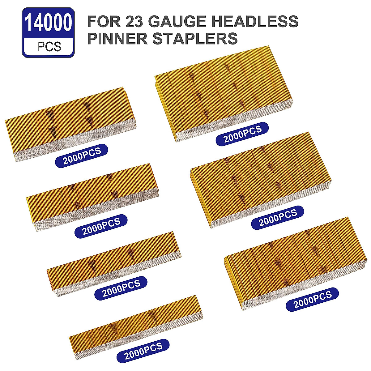 HAMWOO 14000 pcs 23 Gauge Pin Nails, Headless Pinner Nails, 7 Sizes Assorted 3/8 Inch to 1-3/8 Inch for Molding Cabinetry Building,photo frame,handicrafts Assembly