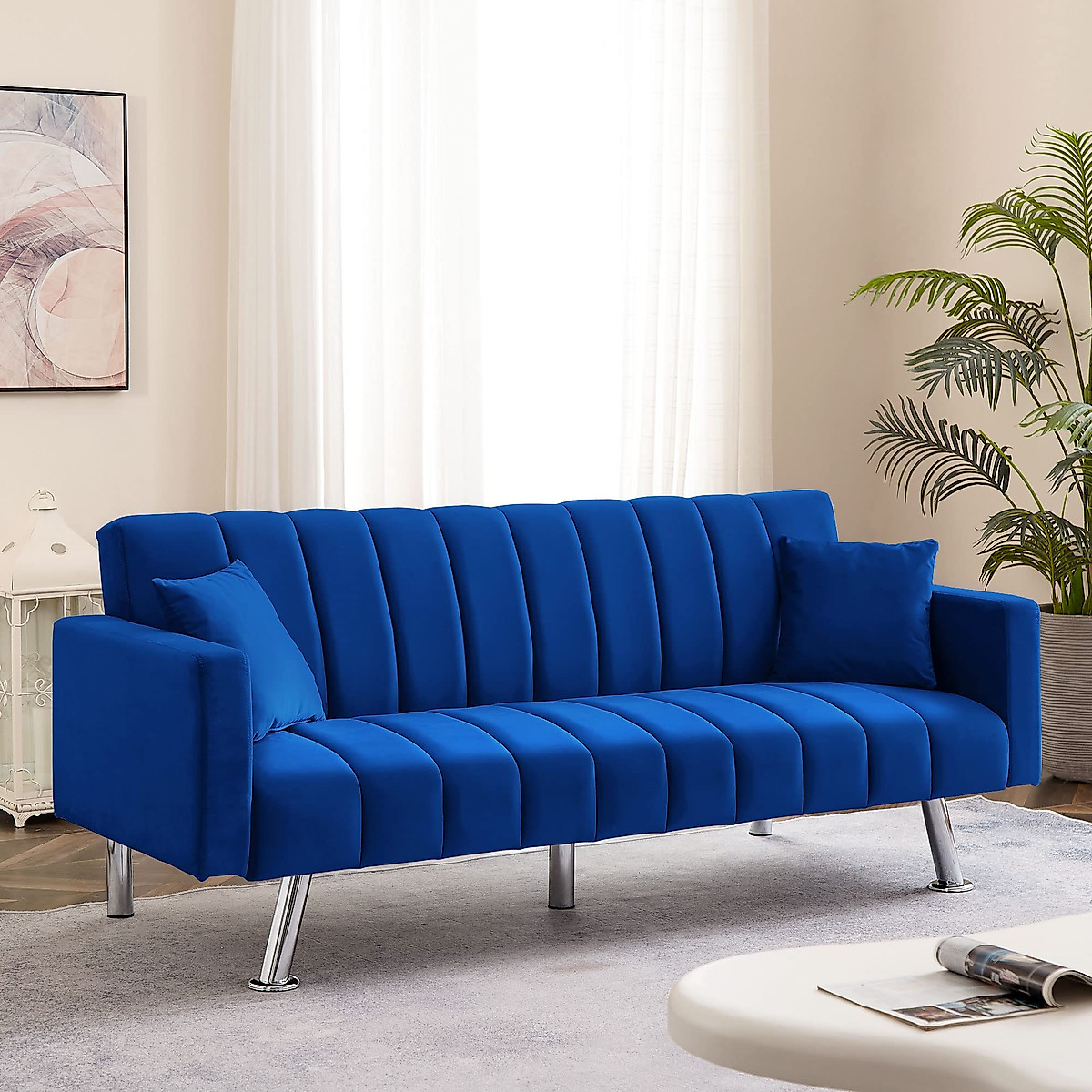 AWQM Sofa Bed, Upholstered Convertible Sofa Bed with 2 Pillows, Modern Velvet Sleeper Sofa Couch with Wooden Frame and Metal Legs, Small Couch for Living Room Bedroom Office (Blue)