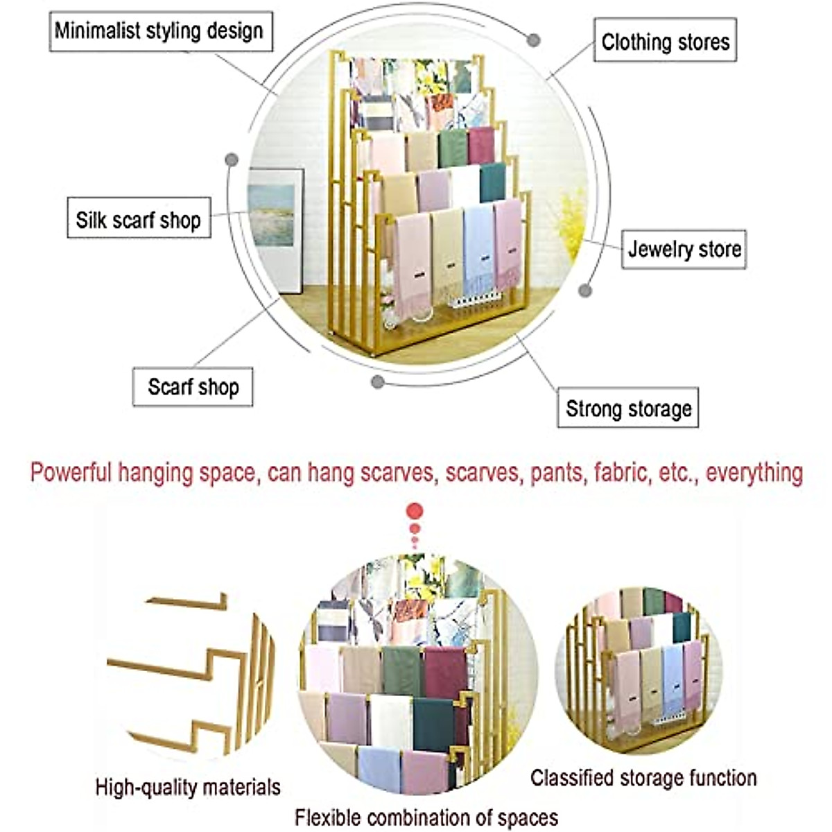 Floor Standing Scarf Display Stand, Metal Freestanding Scarf Holder Organizer, Closet Rods for Hanging Clothes, Towel Rack for Commercial Clothing Retail Store Sheets Belt Suit Pants Hanging Rack
