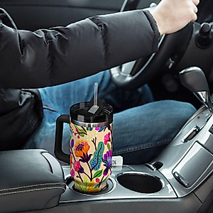 Yasala Car Tumbler with Handle Rainbow Flower Cartoon Flora Travel Mug Coffee Cup Insulated Beverage Container Mega Cup for Hot Cold Drinking Thermos Water Bottle Cupholder Friendly 40 oz
