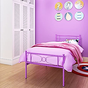 GIME Purple Twin Bed Frames with Storage for Adults Teens, Single Beds Metal Twin Size Beds for Girls, No Box Spring Needed Twin Platform with Headboard for Students
