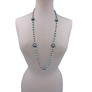 MGR MY GEMS ROCK! Hand Crafted Natural Gemstone Turquoise Color Baroque Turquoise Druzy and Hematite Wire Wrapped and Wire Twisted Long or Double Strand Station Necklace for Women or Men, 33" long.