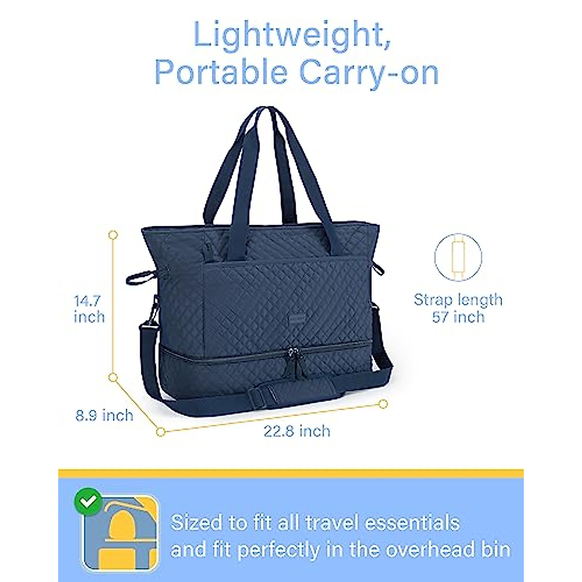 BAGSMART Weekender Overnight Bag 39L Large Travel Duffle Bag for Women, Quilted Cotton Sports Gym Bag with Shoe Compartment, Carry-on Bag with Multiple Pockets, Machine Washable(Navy Blue)