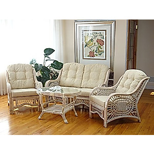 Malibu Lounge Set of 4: 2 Natural Rattan Wicker Chairs, Loveseat with Cream Cushions and Coffee Table w/Glass Handmade, White Wash