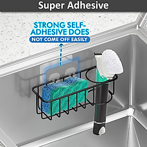 Kesol Adhesive SInk Sponge Holder + Brush Holder, 2-in-1 Sink Caddy, SUS304 Stainless Steel Rust Proof Water Proof Kitchen Sponge Holder, Black