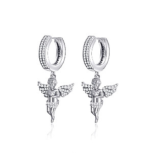 HELLOICE Praying Angel Wing Earrings Iced Out Dangle Drop Earrings 18K White Gold Plated 5A CZ Stone Dangling earrings Lightweight Religious Earrings for Women & Men