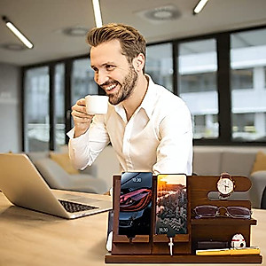 Phone Docking Station for Men Wood Nightstand Organizer Key Holder Wallet Stand Watch Husband Wife Anniversary Dad Man Gifts for Birthday