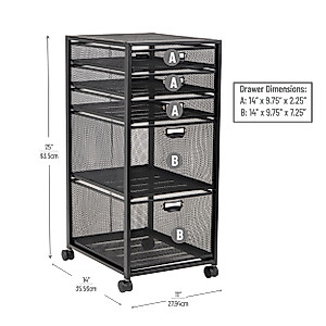 MIND READER Rolling File Cabinet with Drawers [5 Drawers] Craft Cart Organizer with Wheels, Slim Storage for Makeup, Kitchen, Utilities, Office Supplies, and Tools (BLACK MESH)