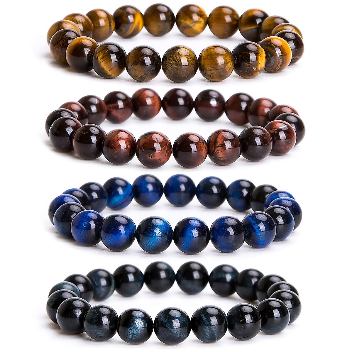 Bivei AA Quality Mens Womens 10MM Natural Tiger Eye Stone Gemstone Bead Meditation Healing Power Elastic Stretch Bracelet(Tiger Eye 4pc/Set)