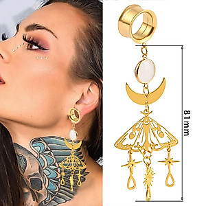 Vankula 2PCS Butterfly Crescent Moon Pendant Hypoallergenic Stainless Steel 0g 2g Plugs Ear Gauges Tunnels Piercing Expander Stretchers Fashion Body Jewelry